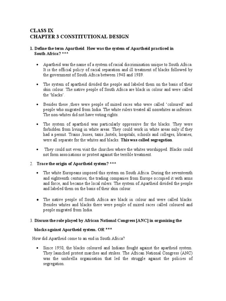 CLASS IX Politics Chapter 3 Constitutional Design | PDF | Apartheid | African National Congress