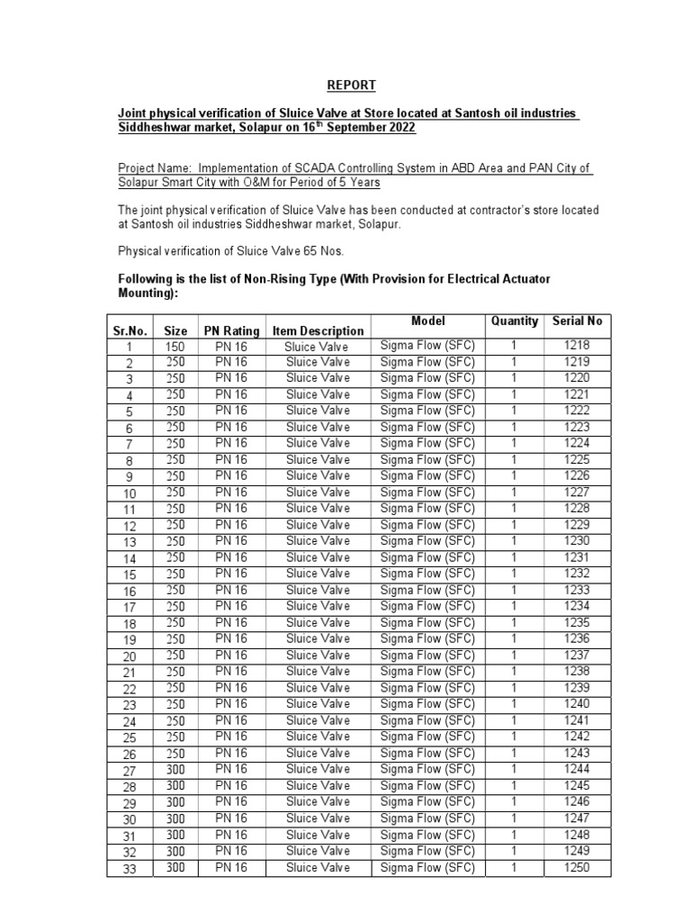 Sluice Valve Verification Report-65 Nos | PDF | Valve | Civil Engineering