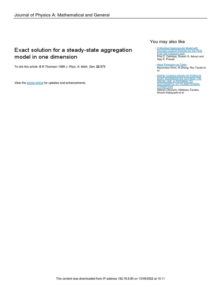 Exact Solution For A Steady-State Aggregation Model in One Dimension | Download Free PDF ...