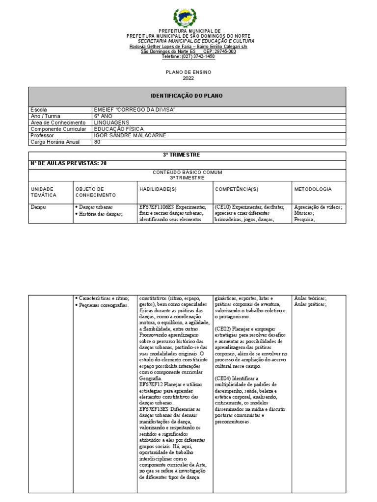 Plano De Ensino Ed Física 6 Ano Pdf Danças Aprendizado 6508