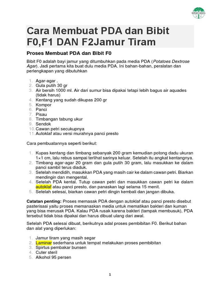 Cara Membuat PDA Dan Bibit F0 Jamur Tiram | PDF