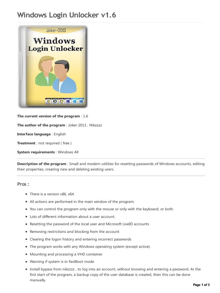 Windows Login Unlocker v1.6 by Joker-2013 | PDF | Password | Microsoft ...