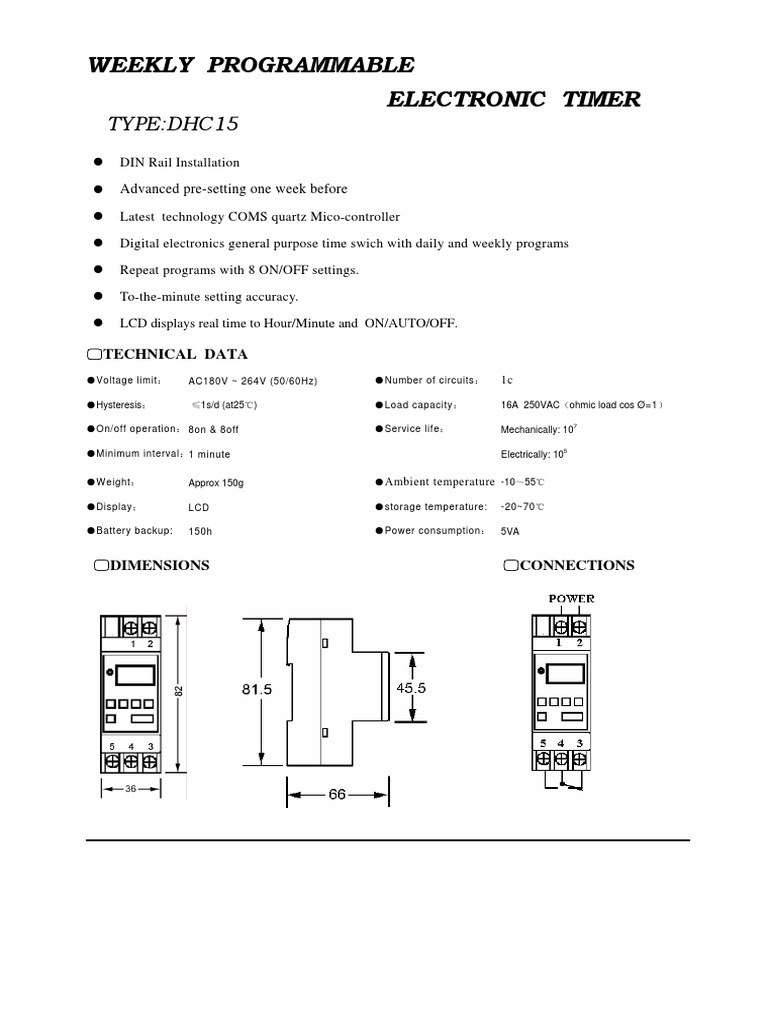 Weekly Programmable Electronic Timer DHC15 | PDF | Timer | Switch