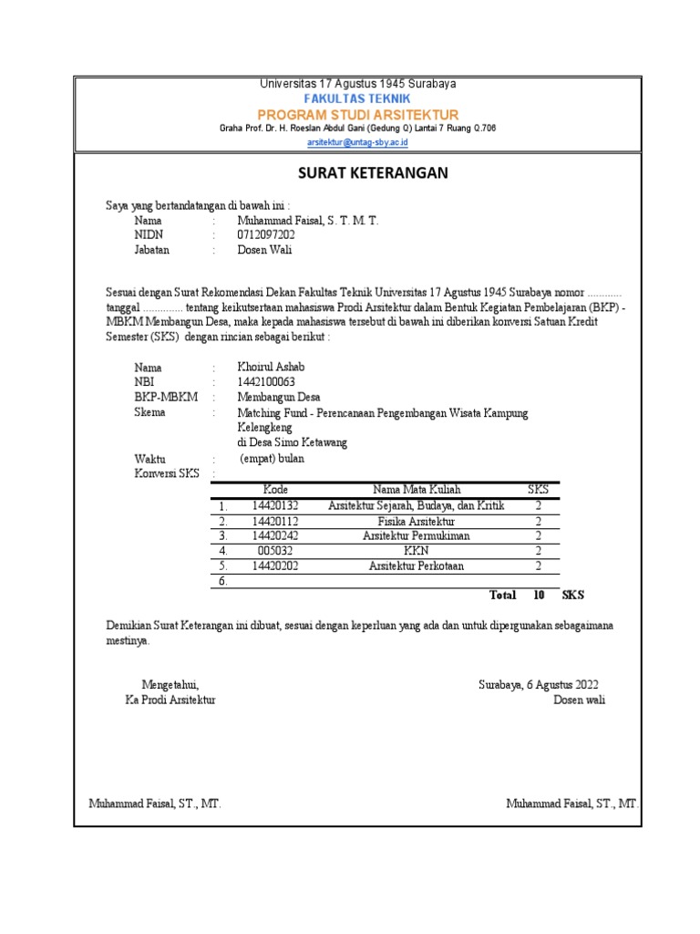 SURAT KETERANGAN MBKM DOSEN WALI (Khoirul Ashab) (A) | PDF
