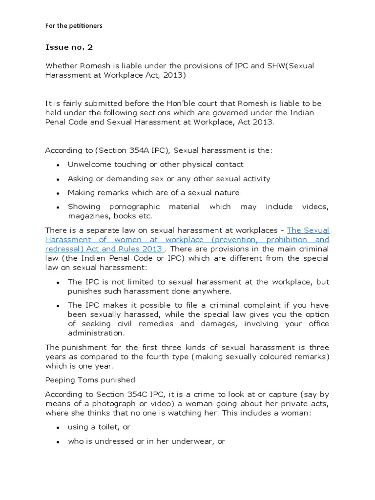 Petitioner - Arguments Advanced and Prayer | PDF | Sexual Harassment | Stalking