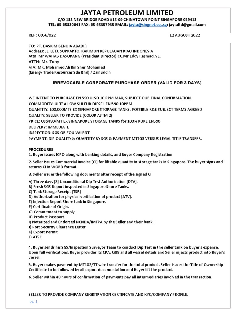 Procuring Ultra-Low Sulfur Diesel Fuel from Singapore: An Irrevocable ...
