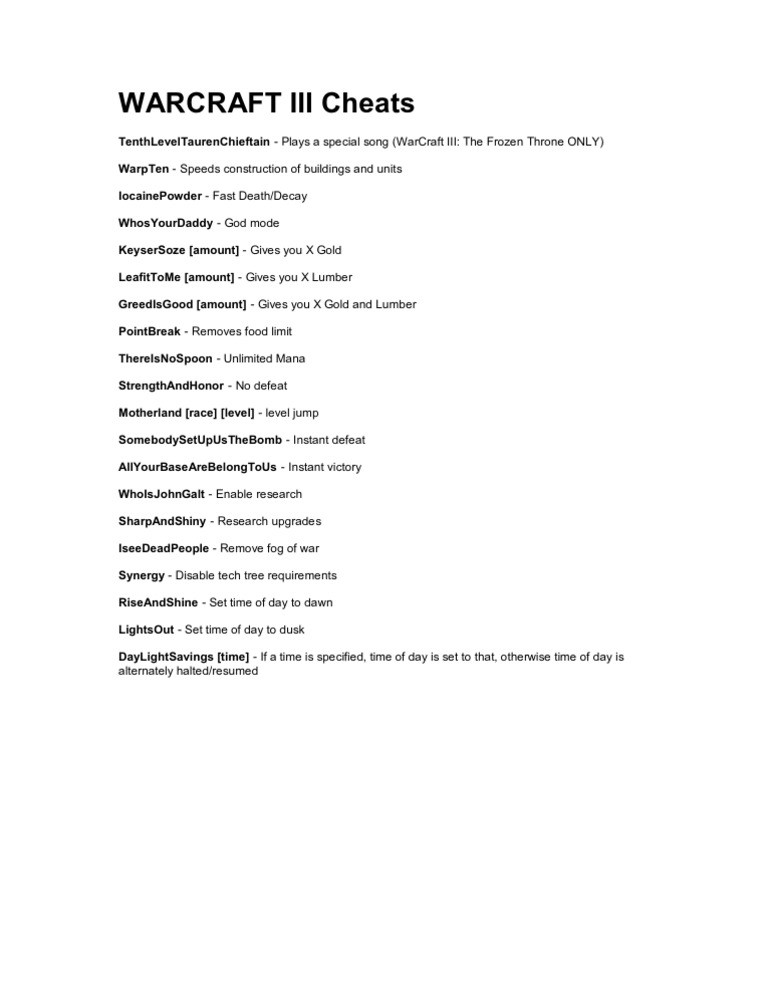 Warcraft 3 Cheat Codes Guide | PDF