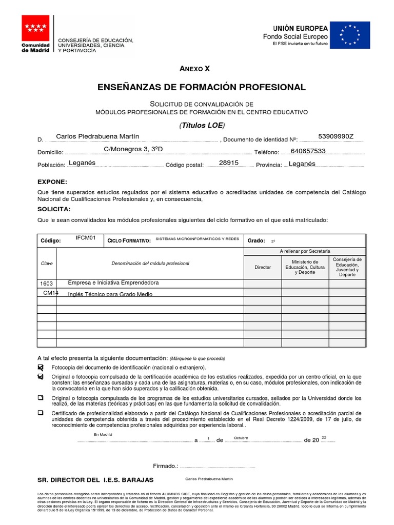 ANEXO X Solicitud Convalidacion Ensenanzas LOE | PDF | Privacidad de la información