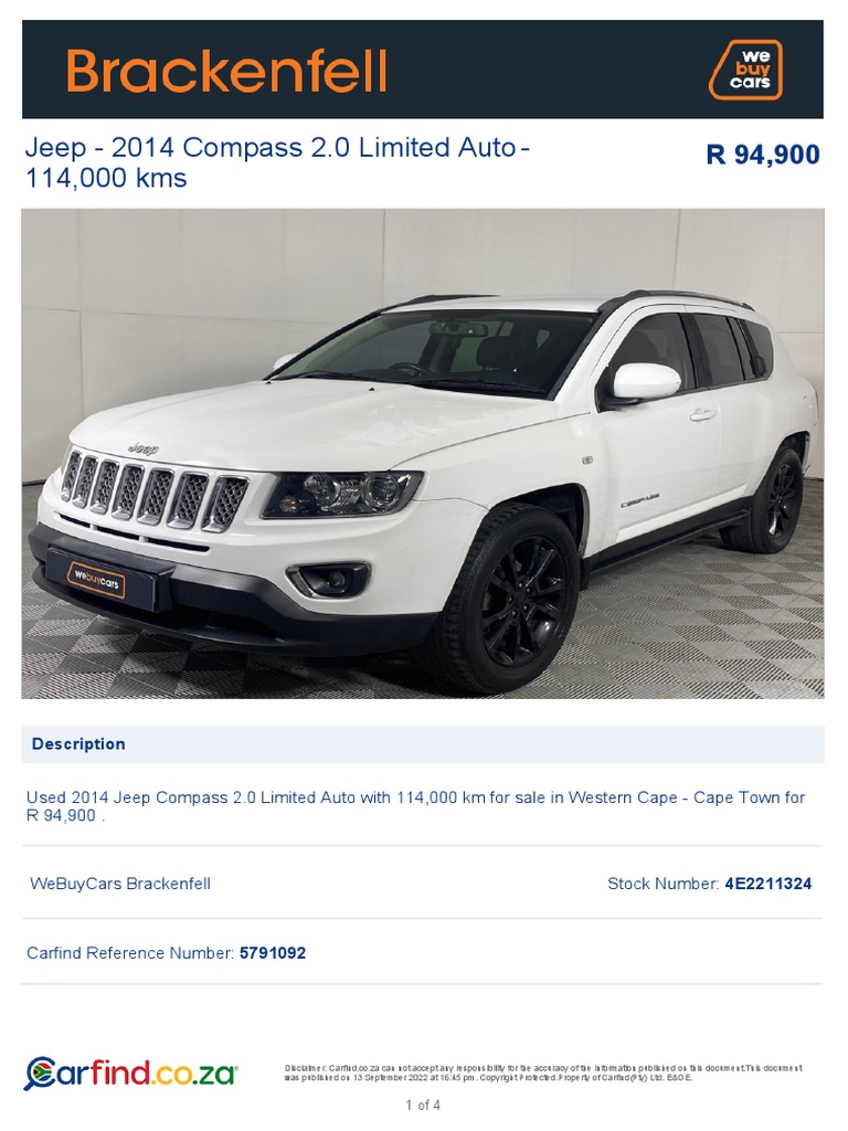 WeBuyCars Brackenfell - 2014 - White - Jeep - Compass 2.0 Limited Auto - 13 Sep 2022 | PDF | Off ...