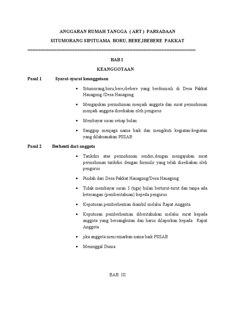 Anggaran Dasar PSSAB Situmorang | PDF