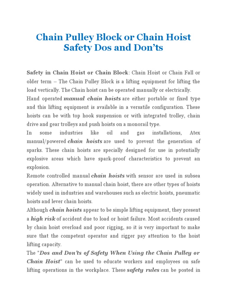 Chain Pulley Block or Chain Hoist Safety Dos and Don'ts | PDF ...