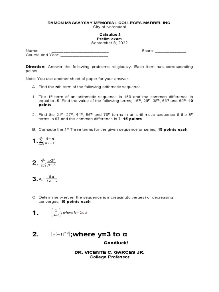 Calculus Modern Geometry Prelim Exam-09-O8-2022 | PDF | Sequence | Mathematical Objects