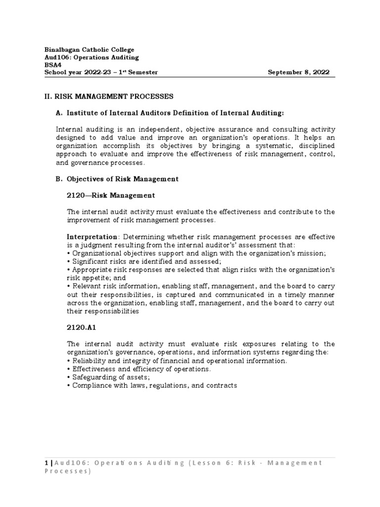 Lesson 6 Risk Management Processes | PDF | Internal Audit | Audit