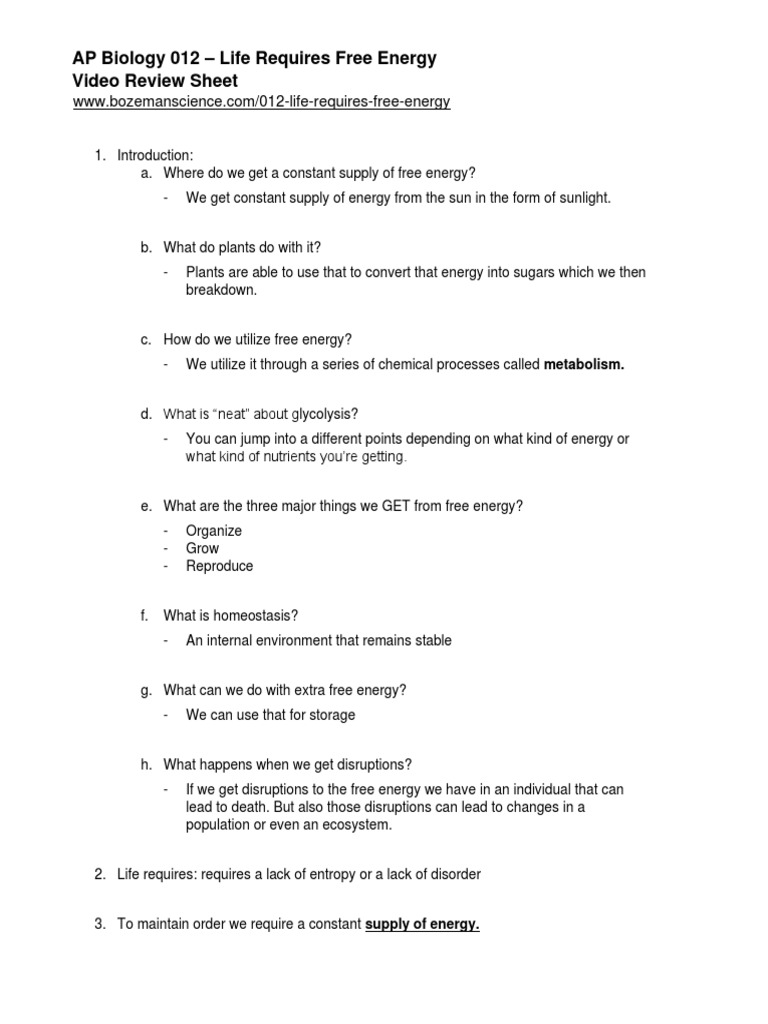 AP Biology 012 - Life Requires Free Energy | PDF | Glycolysis | Metabolism