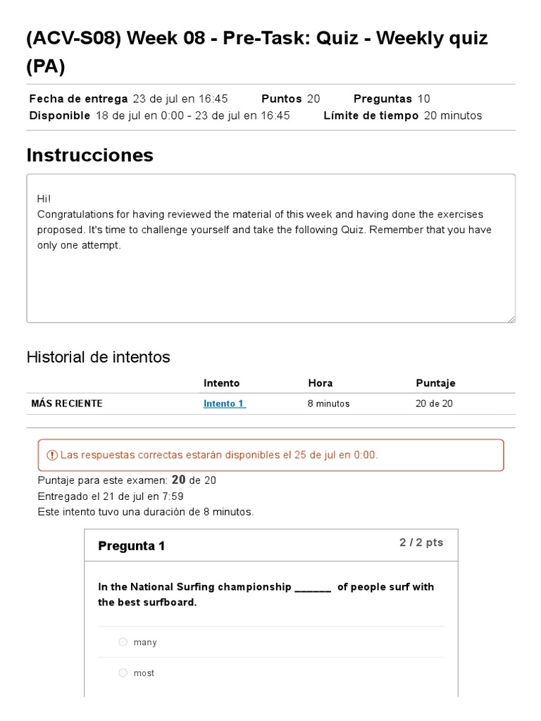 (ACV-S08) Week 08 - Pre-Task - Quiz - Weekly Quiz (PA) - INGLES III (29876) | Download Free PDF ...