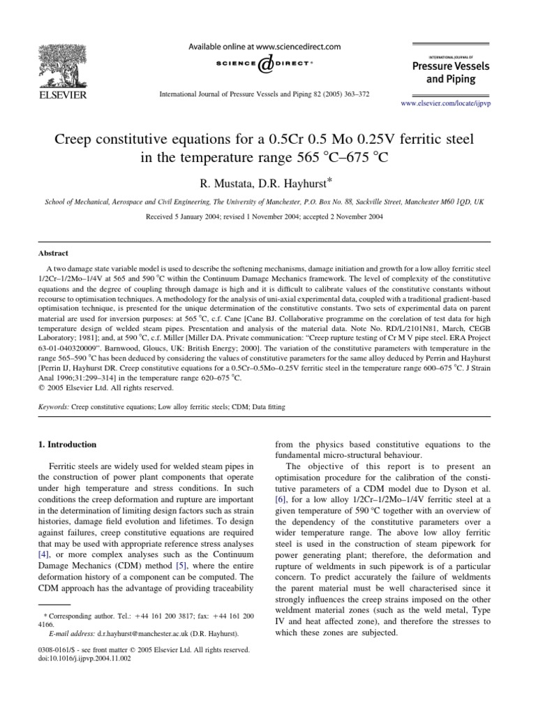 Creep constitutive equations for a 0.5Cr 0.5 Mo 0.25V ferritic steel in the temperature range ...