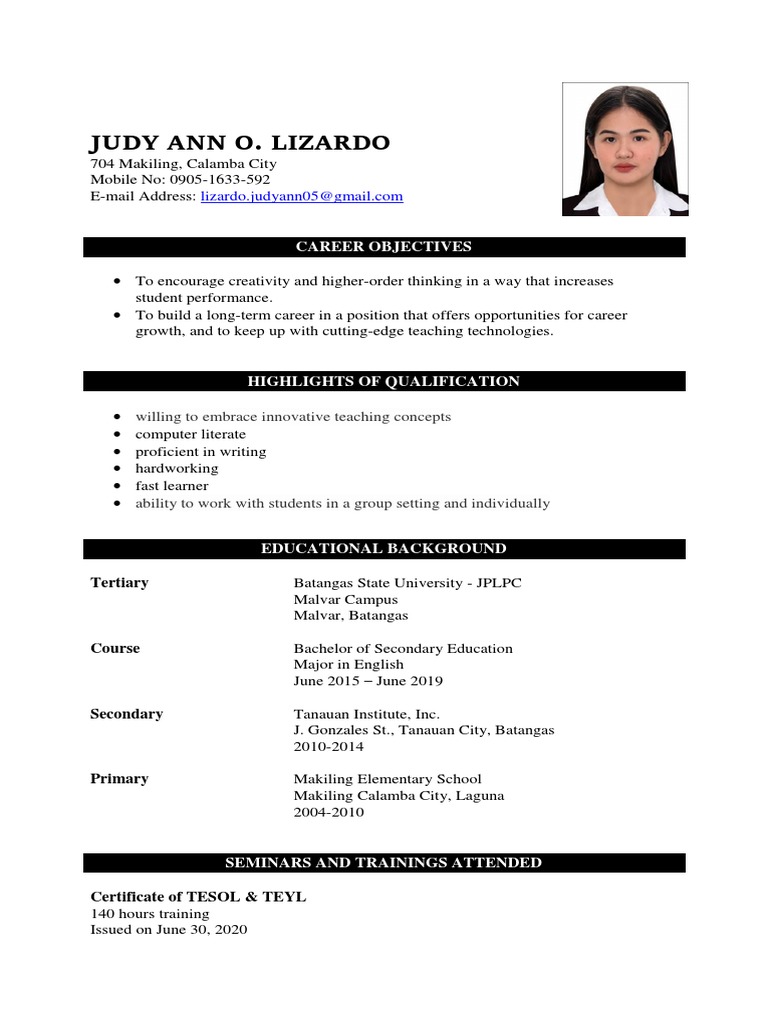 Sample Curriculum Vitae | Download Free PDF | English As A Second Or ...