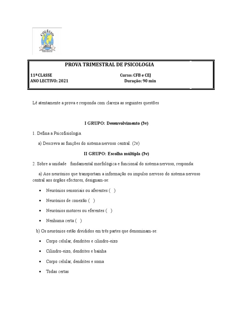 PROVA DE EXAME DE PSICOLOGIA 11 e 12 CLASSES 2020,2021 | PDF | Sistema nervoso central | Cérebro