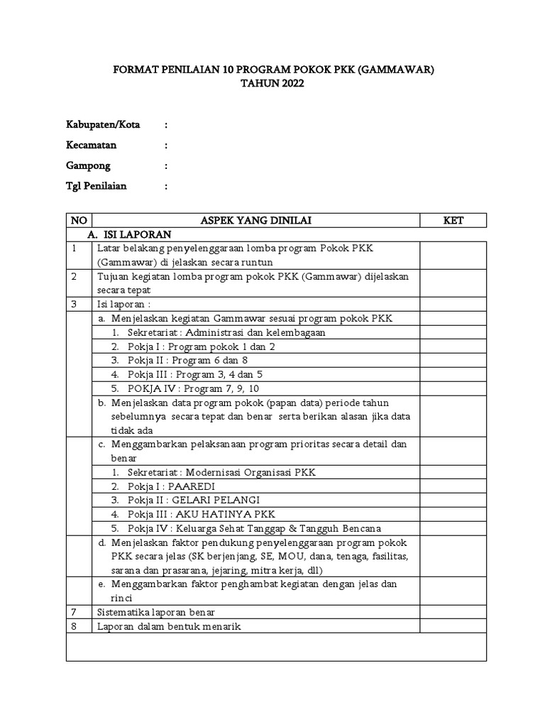 FORMAT PENILAIAN 10 PROGRAM POKOK PKK GAMMAWAR 2022 - Item Penilaia | PDF