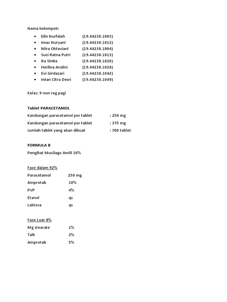 Tugas Kelompok Preformulasi Formula B Tab PCT - 9b Non Reg Pagi | PDF
