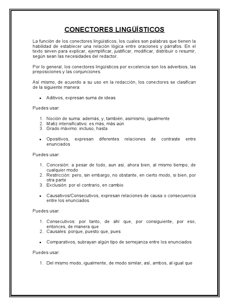 Tipos y ejemplos de conectores lingüísticos | PDF | Adverbio | Gramática