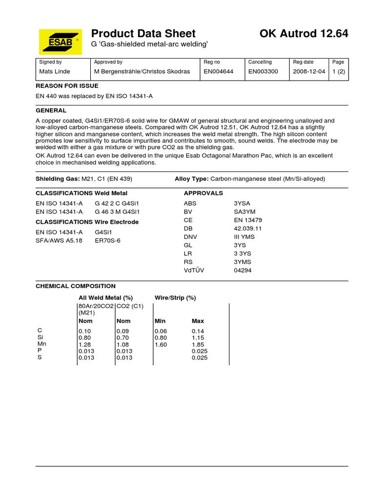 Product Data Sheet OK Autrod 12.64: G 'Gas-Shielded Metal-Arc Welding' | PDF | Construction ...