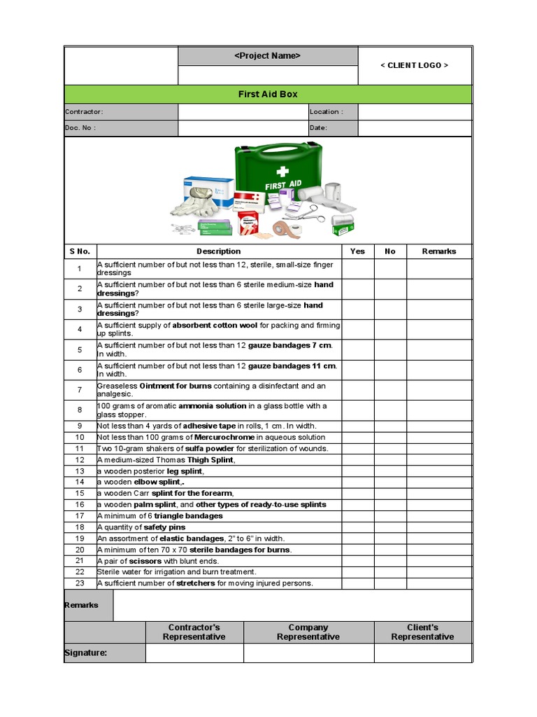 First Aid Box HSE Checklist | PDF | First Aid