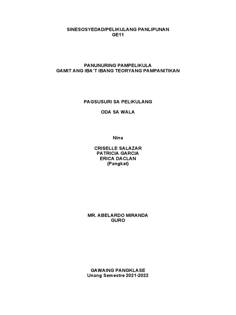 Pangkat 4 (Pagsusuri Sa Pelikulang Oda Sa Wala) | PDF
