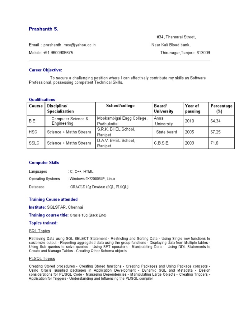 Prashanth Resume Updated | PDF | Pl/Sql | Sql