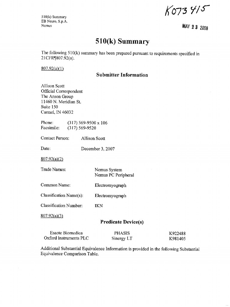 510 (K) Summary: Submitter Information | PDF | Electromyography | Electrical Engineering
