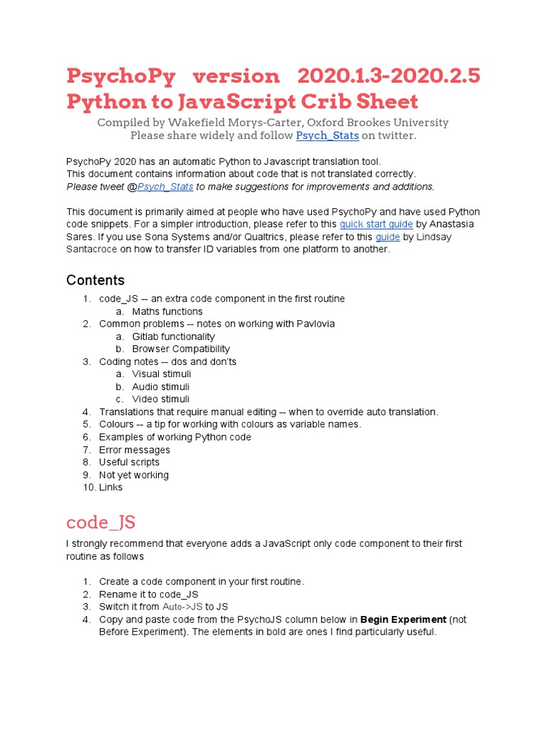 PsychoPy Python To Javascript Crib Sheet | PDF | Html Element | World Wide Web