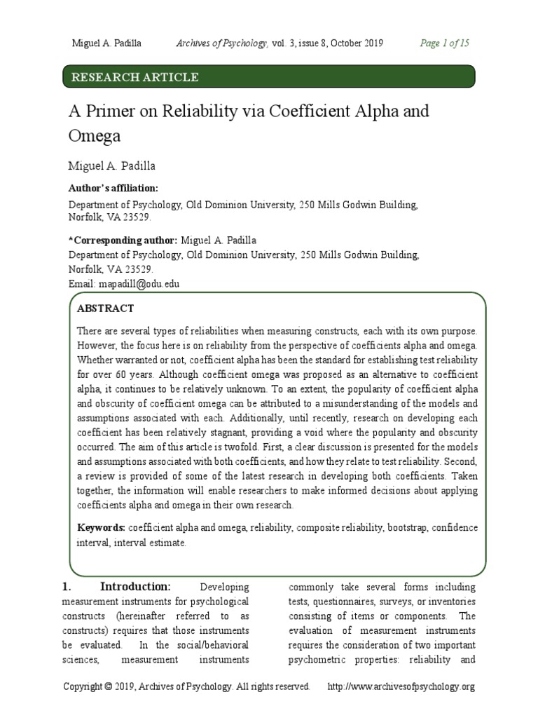 A Primer On Reliability Via Coefficient Alpha and Omega: Research ...