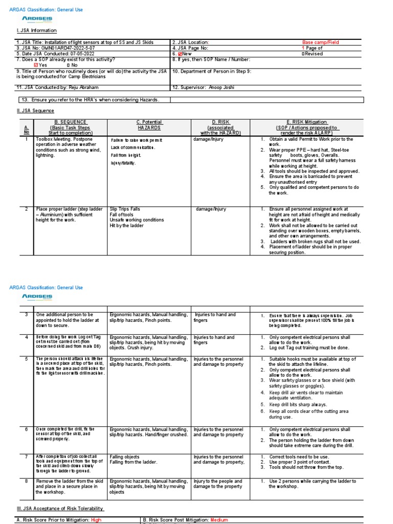 Omn01ard - Jsa-Installation of Light Sensor at Top of JS and SS Skids | PDF | Safety | Workplace
