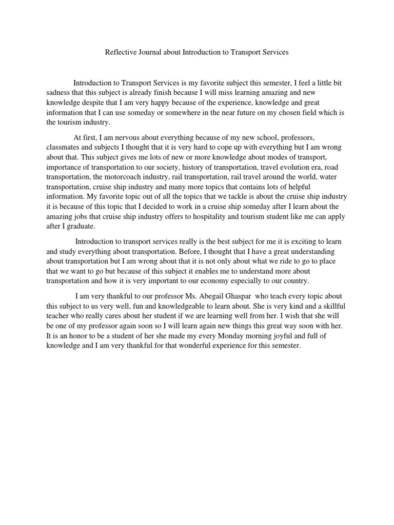 Reflective Journal About Introduction To Transport Services | PDF