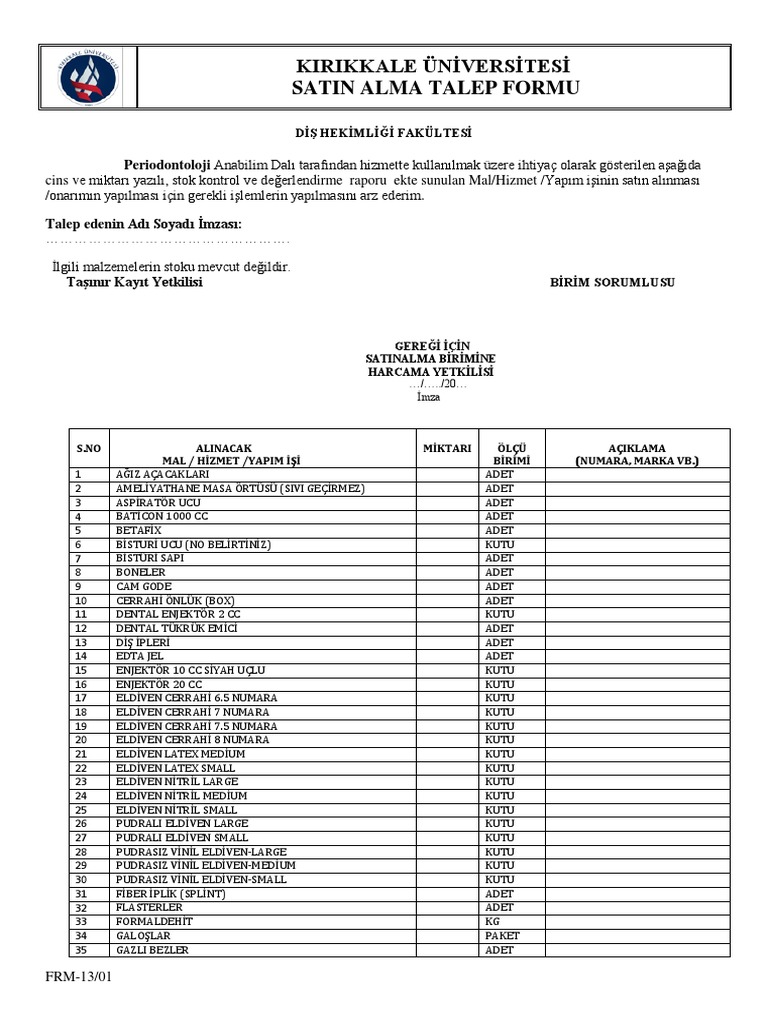 Peri̇odontoloji̇ Sarf Malzeme Talep Formu | PDF