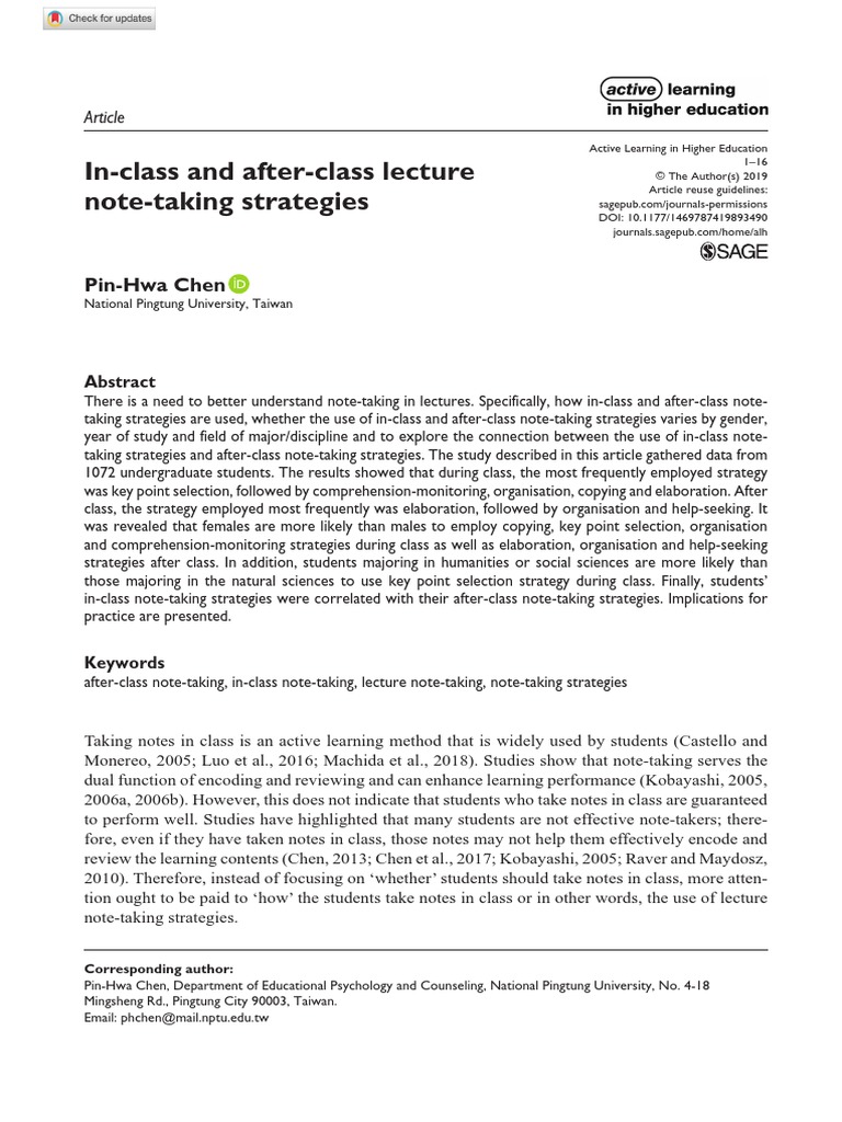 In-Class and After-Class Lecture Note-Taking Strategies: Pin-Hwa Chen | PDF | Survey Methodology ...