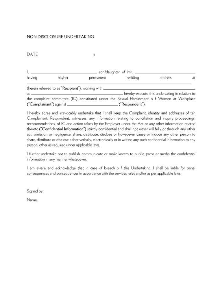 Format For Non Disclosure Undertaking | PDF Format For Non Disclosure Undertaking | PDF