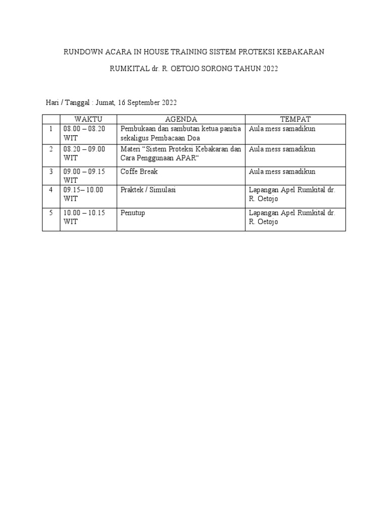 Rundown Acara in House Training Proteksi Kebakaran | PDF