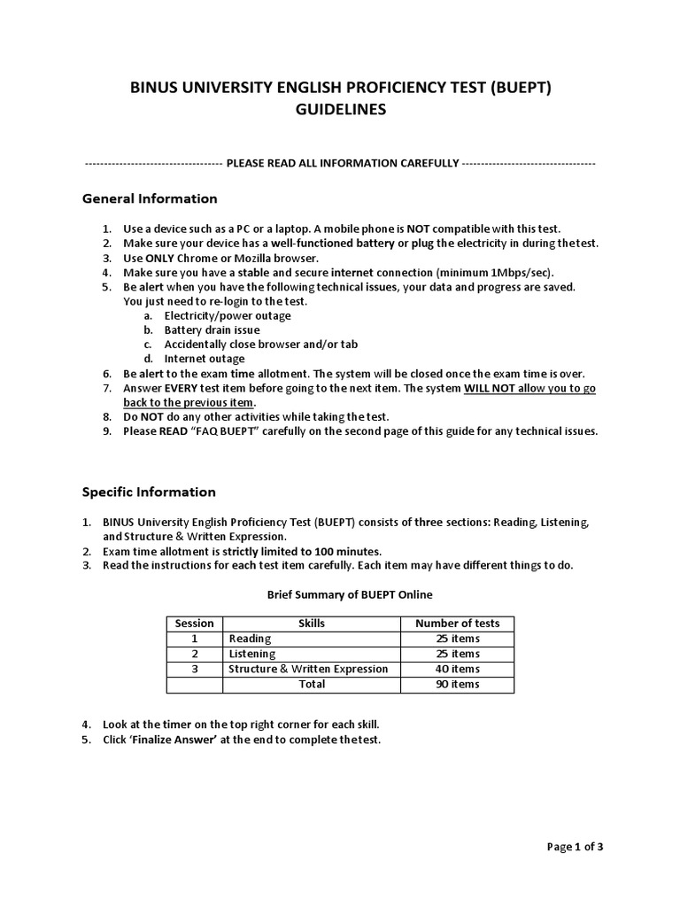 BUEPT Guidelines for English Proficiency Test | PDF | Software ...