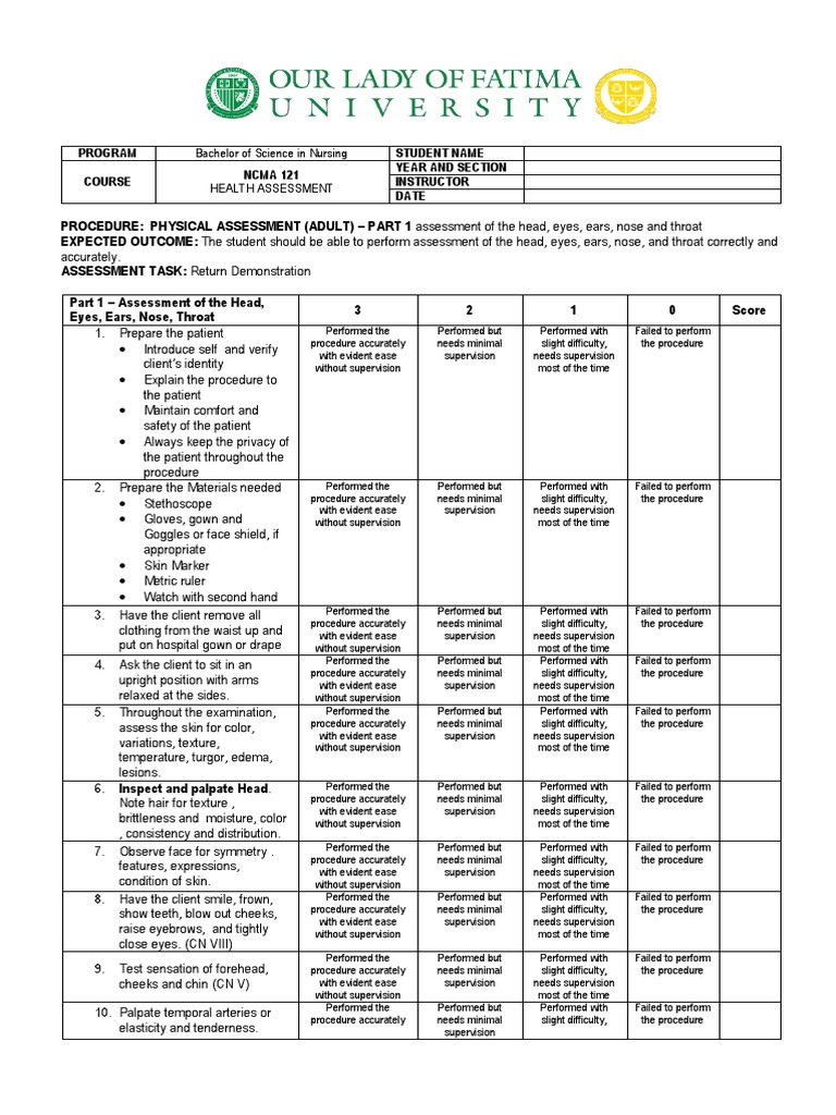 NCMA121.HAs - RLE PHYSICAL ASSESSMENT ADULT PART 1 | PDF | Patient | Ear