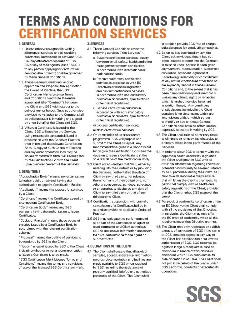SGS General Conditions For Certification Services EN | PDF | Indemnity ...