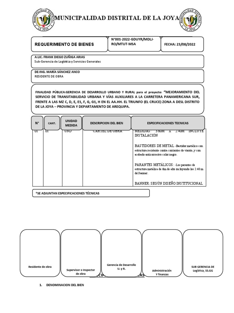 Requerimiento #001 Cartel de Obra | PDF