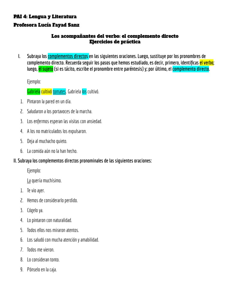Complemento Directo Ejercicios | PDF | Artes del Lenguaje y Comunicación