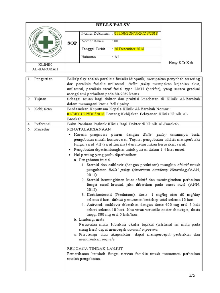 SOP Bells Palsy SOP 144 | PDF