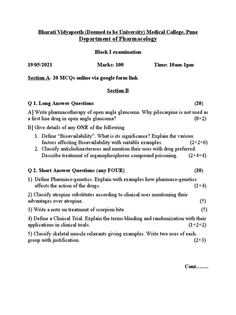 Phase II Block I - Pharmacology Question Paper B & C Sections | PDF ...