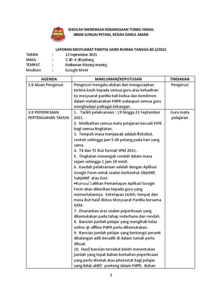 Laporan Mesyuarat Panitia SRT (2 2021) | PDF