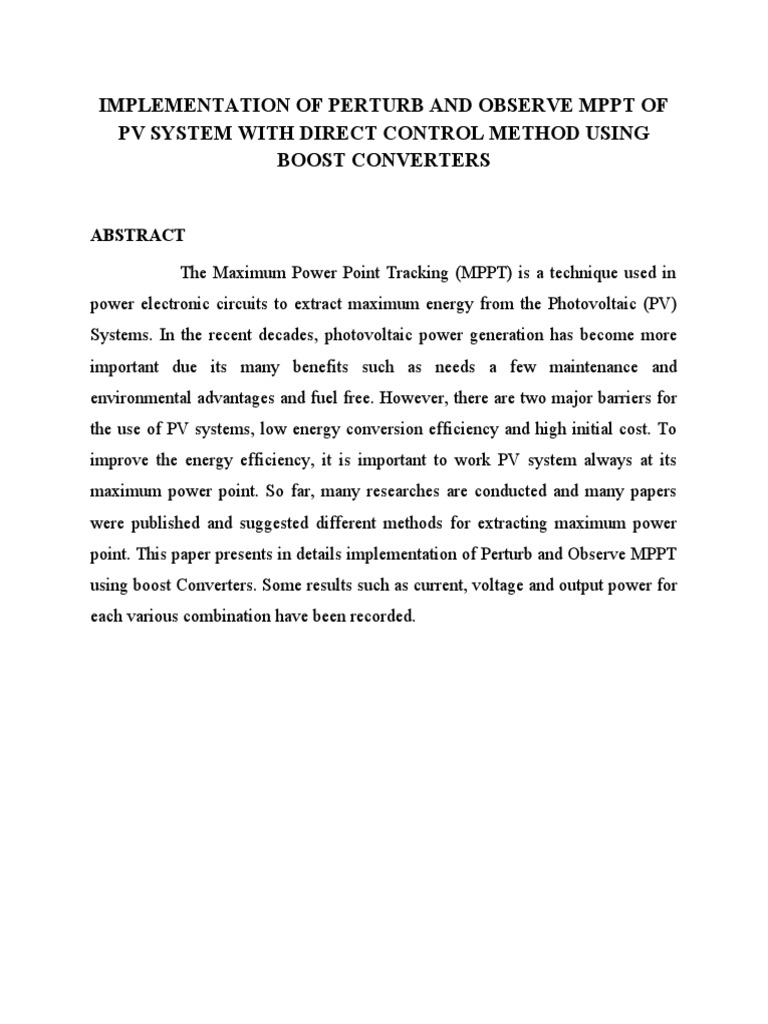Implementation of Perturb and Observe Mppt of Pv System With Direct Control Method Using Boost ...