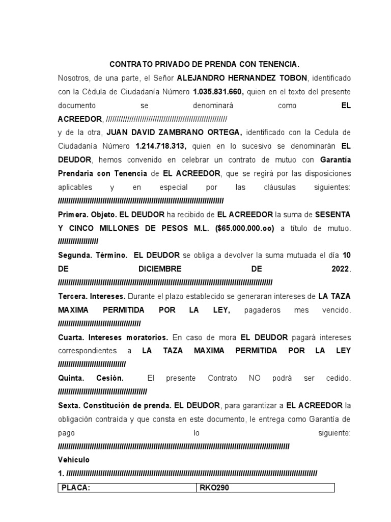 Contrato Privado de Prenda - 10-09-2022 | PDF | Pagos Contrato Privado de Prenda - 10-09-2022 | PDF | Pagos