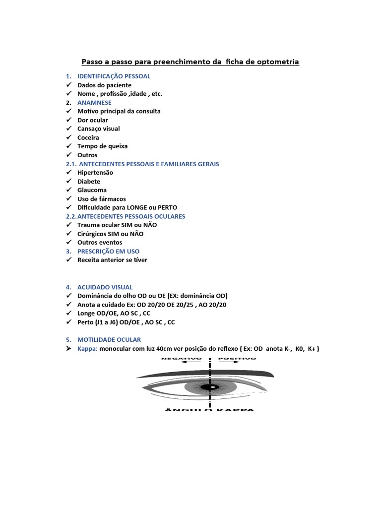 Passo A Passo para Preenchimento Da Ficha de Optometria | PDF | Olho ...