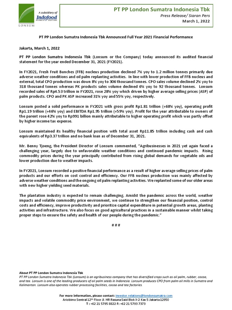 PT PP London Sumatra Indonesia TBK: Press Release/ Siaran Pers | PDF ...